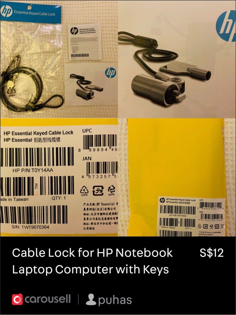 Cable lock for HP Laptop with keys, Computers & Tech, Parts ...