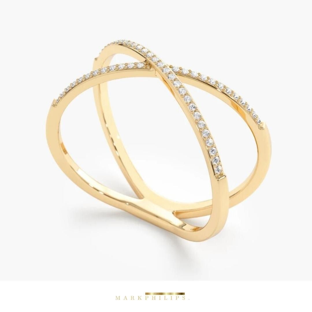 Crossed Ring with 30pcs of small diamond in solid 18k gold on Carousell