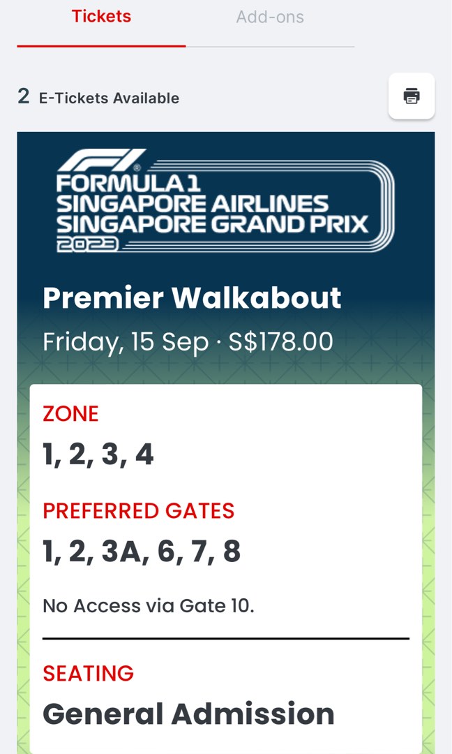 (Discounted) 2 X F1 Grand Prix 2023 Singapore Tickets (Day 1), Tickets ...