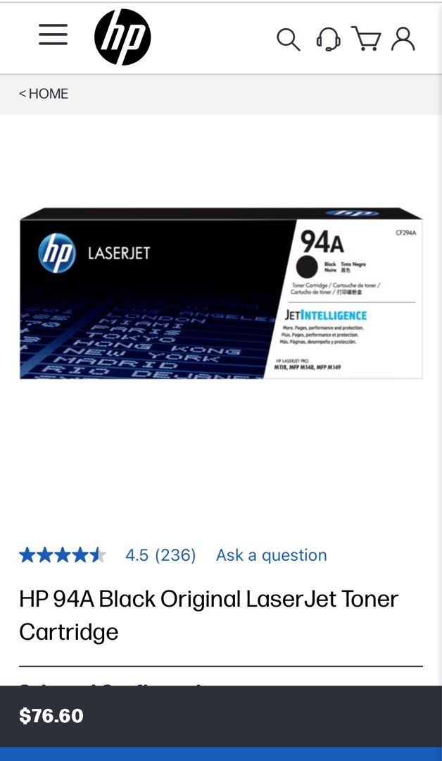 HP 94A CF294A Black Original LaserJet Toner Cartridge for HP LaserJet ...