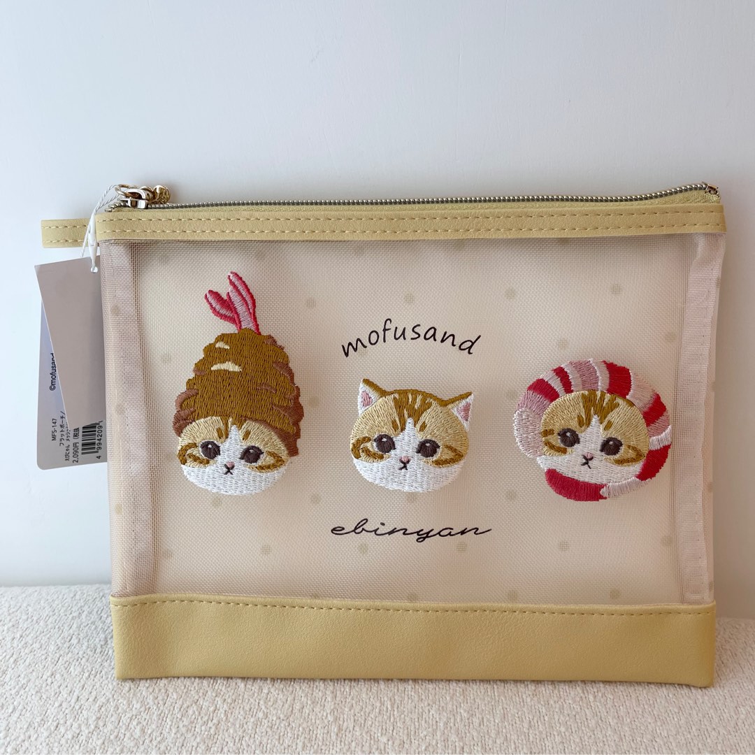 (日版)全新mofusand 日本人氣插畫師mofu sand shark cat鯊魚貓貓/車厘子/炸蝦糖果馬卡龍色藍色黃色刺繡網面收納袋化妝 ...