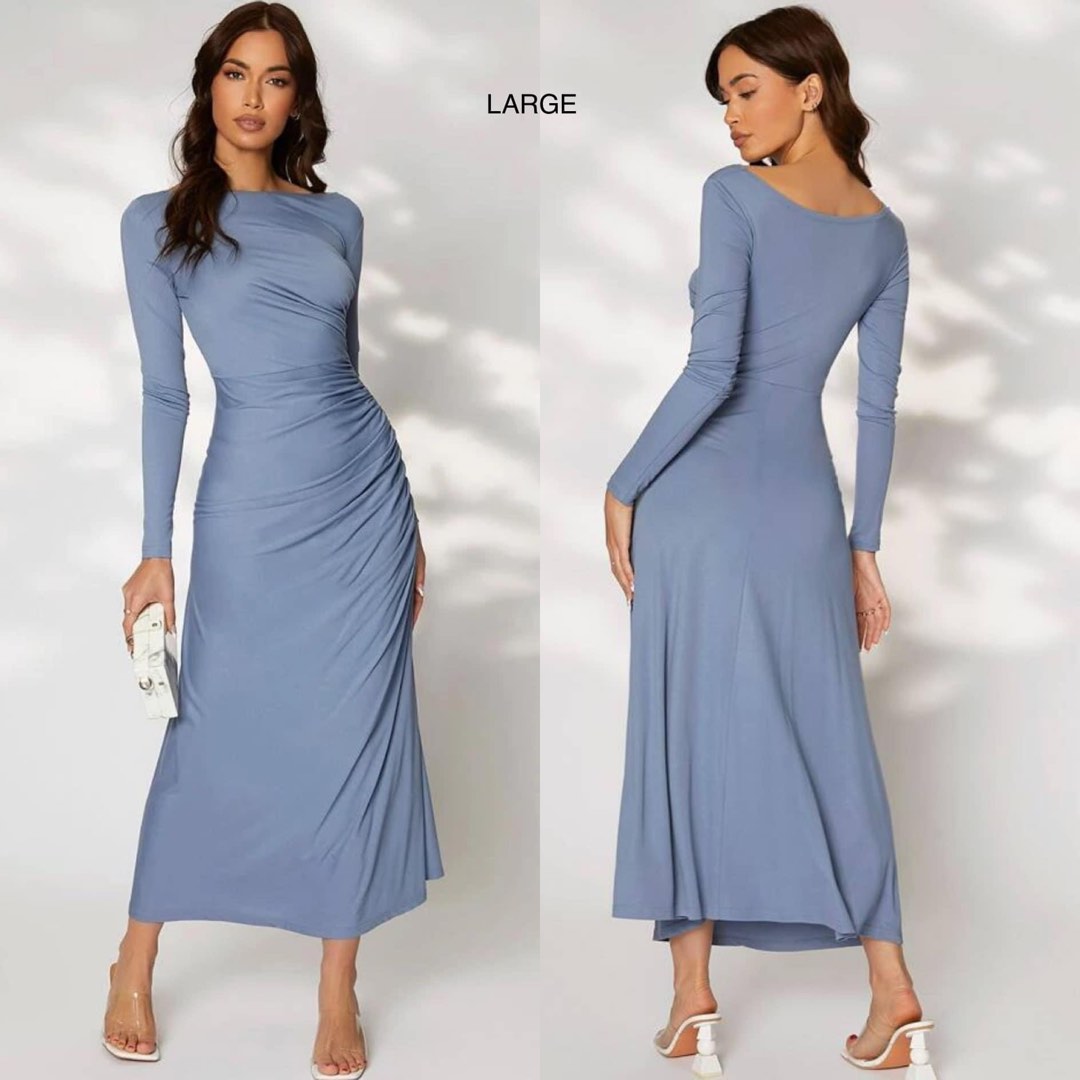 Shein Dusty Blue Ruched Side Dress, Women's Fashion, Dresses & Sets ...
