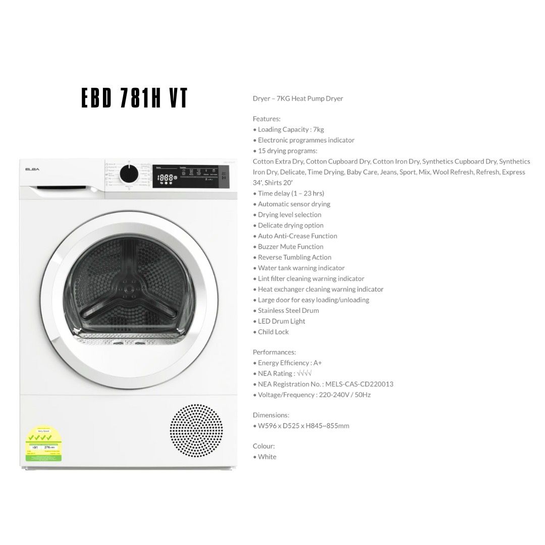 ELBA EWF 1075 VT 7KG FRONT LOAD WASHING MACHINE + ELBA EBD 781H VT HEAT ...