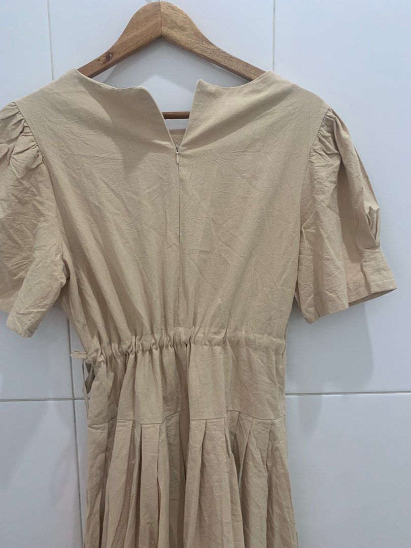 Linen brown nude cream dress midi puff puffy puffed korean korea tie ...