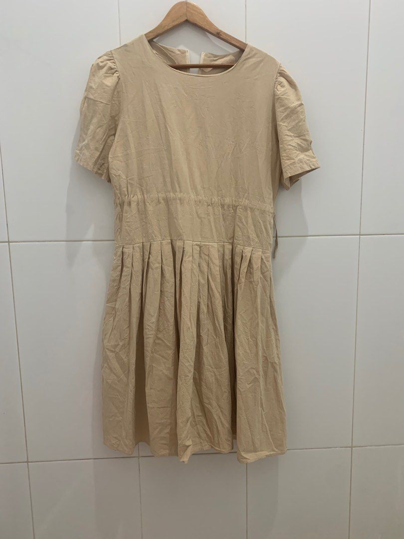 Linen brown nude cream dress midi puff puffy puffed korean korea tie ...