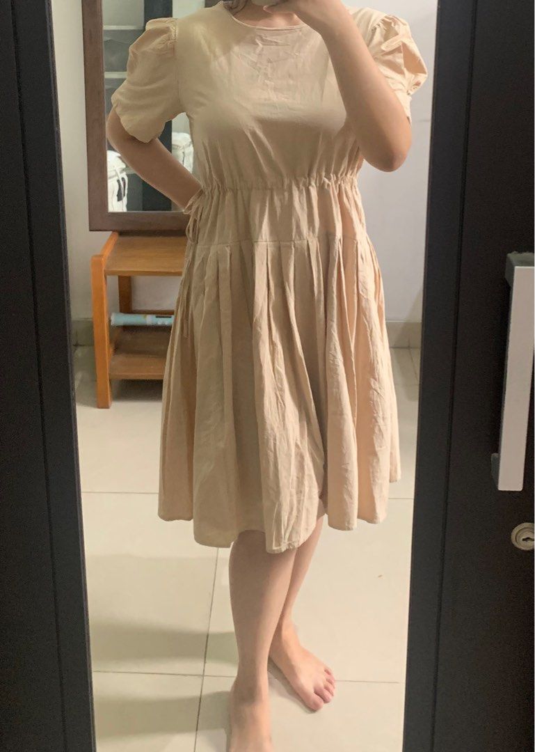 Linen brown nude cream dress midi puff puffy puffed korean korea tie ...