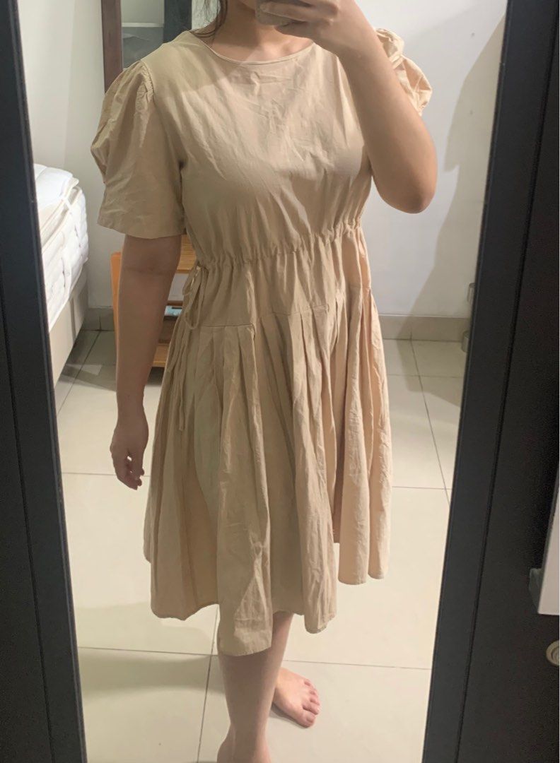 Linen brown nude cream dress midi puff puffy puffed korean korea tie ...