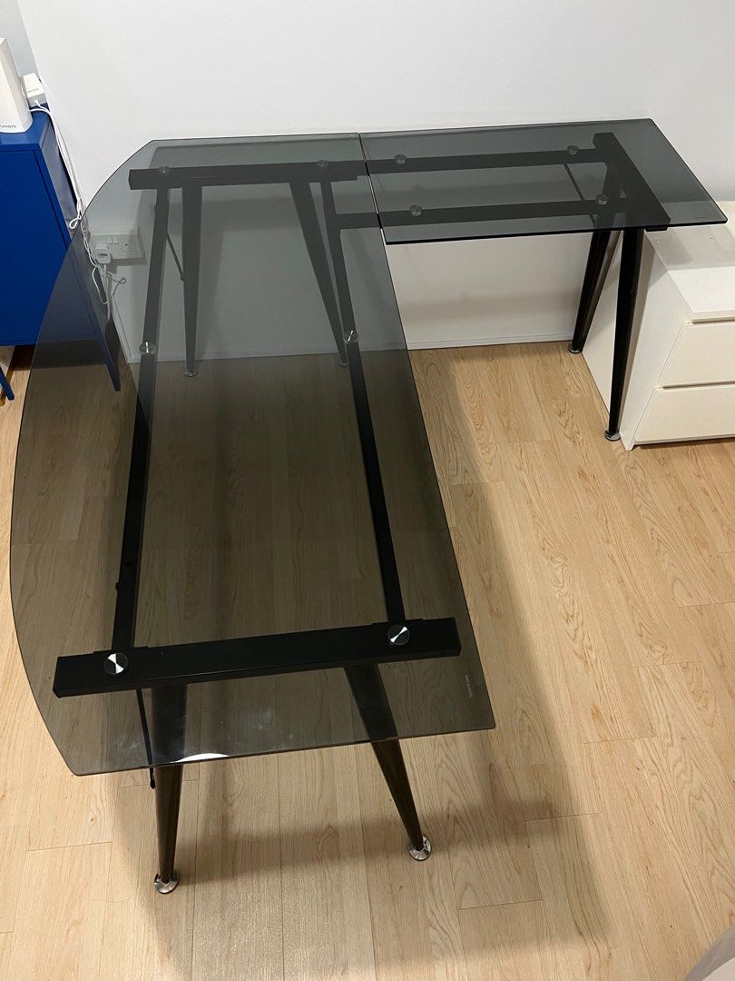L-shape black glass study table, Furniture & Home Living, Furniture ...