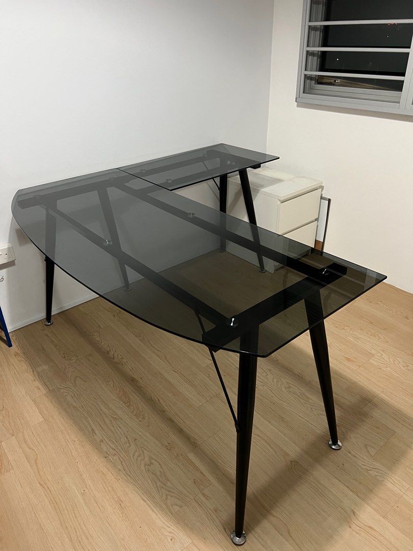 L-shape black glass study table, Furniture & Home Living, Furniture ...