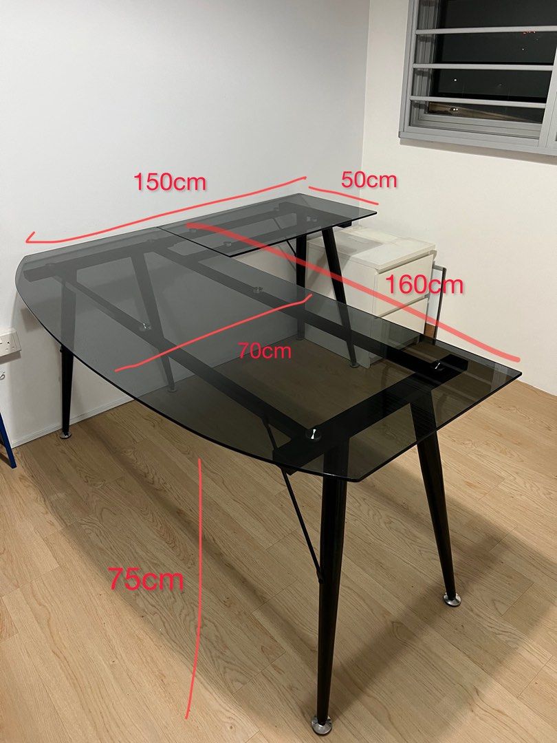 L-shape black glass study table, Furniture & Home Living, Furniture ...