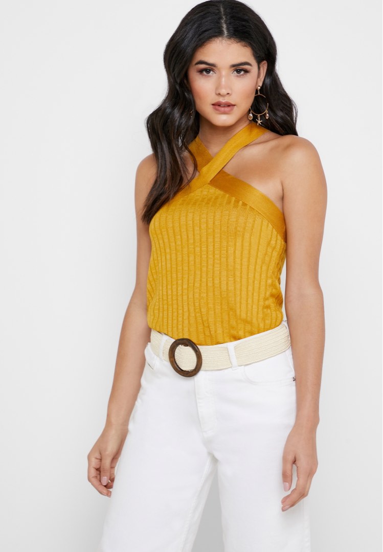 MANGO Mustard Yellow Cross-over ribbed top, Women's Fashion, Tops ...