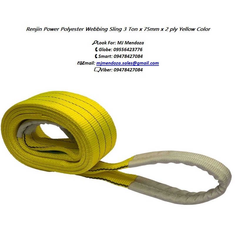 Renjin Power Polyester Webbing Sling 3 Ton x 75mm x 2 ply Yellow Color ...