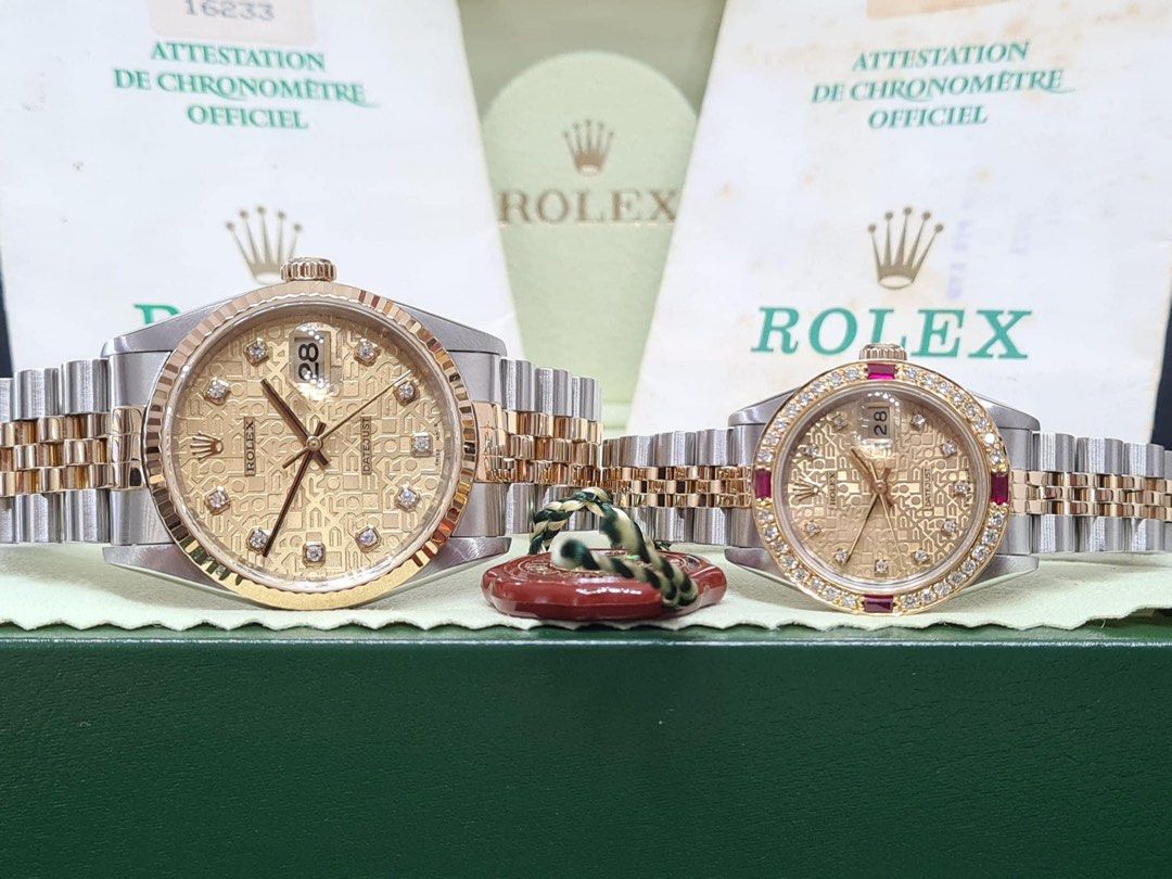 Rolex Couple Watch 18kt Gold Bezel and Crown Computer Face Dial with 10 ...