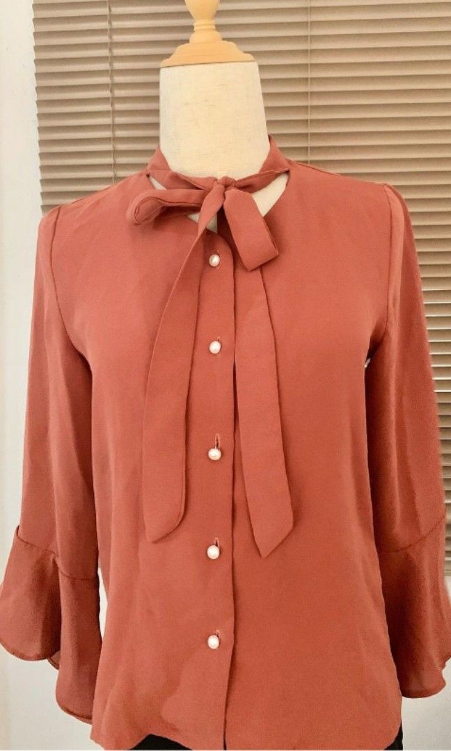 Rust Colored Blouse with Pearls on Carousell