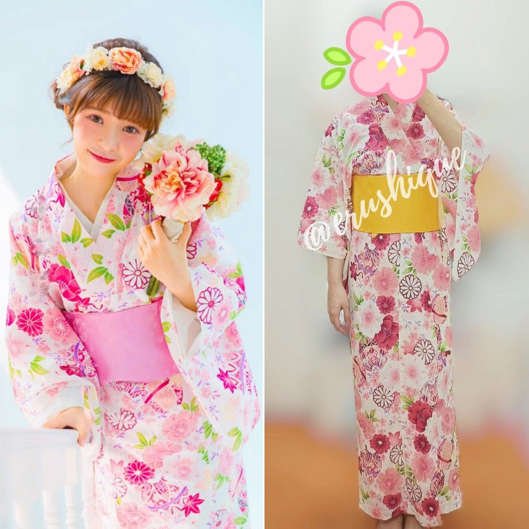 Yukata 2 Piece Set (Pink/Yellow) Japanese Traditional Clothing Costume ...