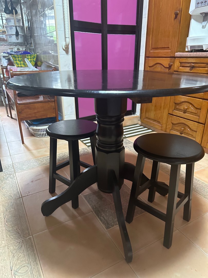 Black Dining Table Set (2 x stools included), Furniture & Home Living ...