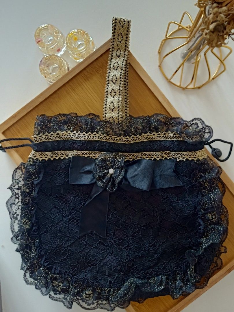 Classy Black and Gold Lace Drawstring Bag, Women's Fashion, Bags ...