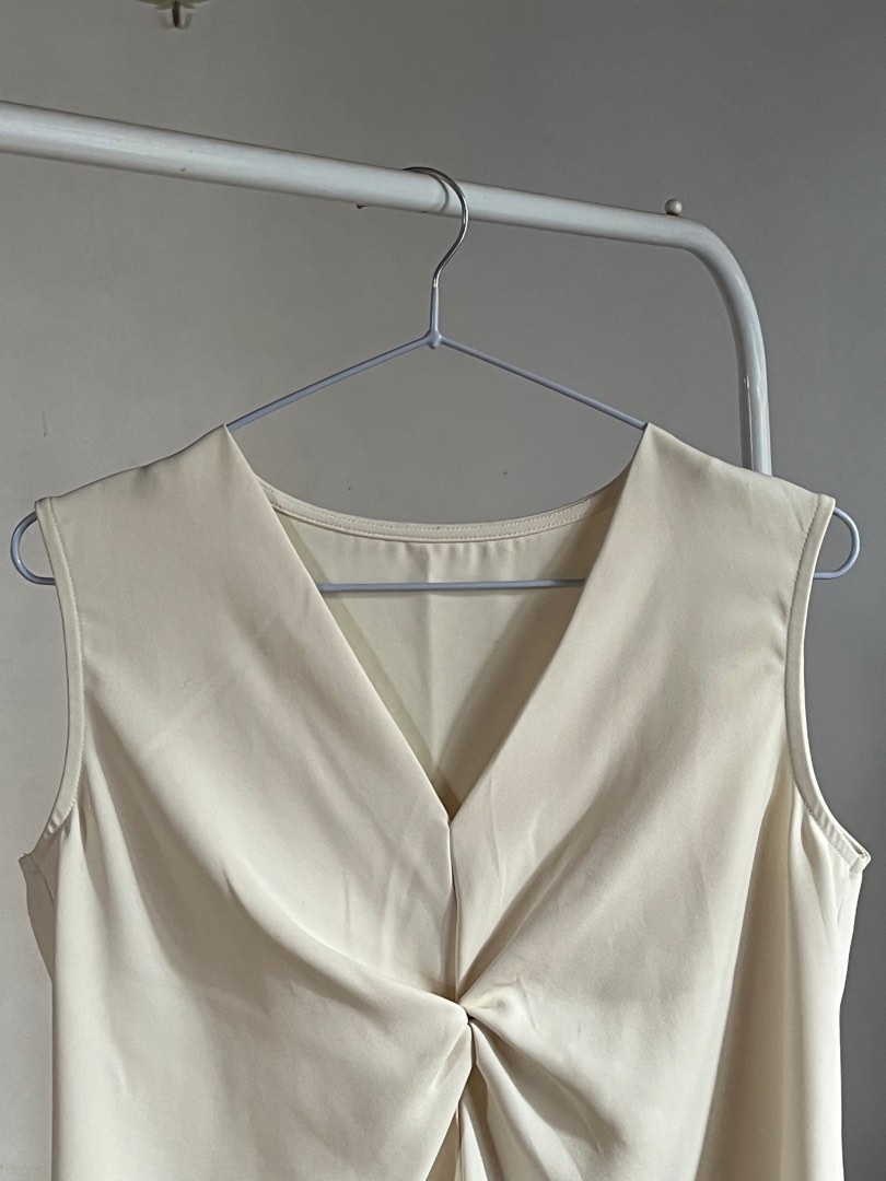 cream formal gathered top, Women's Fashion, Tops, Blouses on Carousell