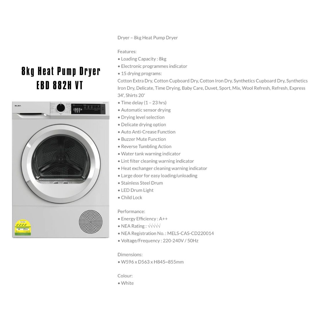 ELBA 7KG/8KG/9KG FRONT LOAD VENTED/HEAT PUMP DRYER - MULTI MODELS [EBD ...