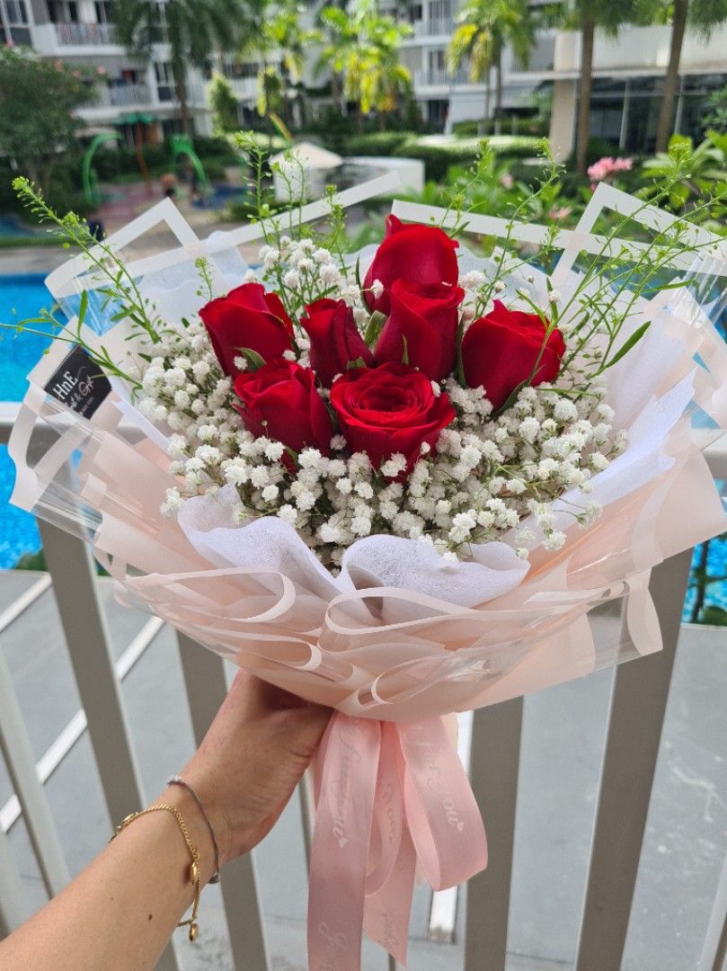 ***FREE DELIVERY*** 3 stalks Fresh Rose with Baby Breath Bouquet ...