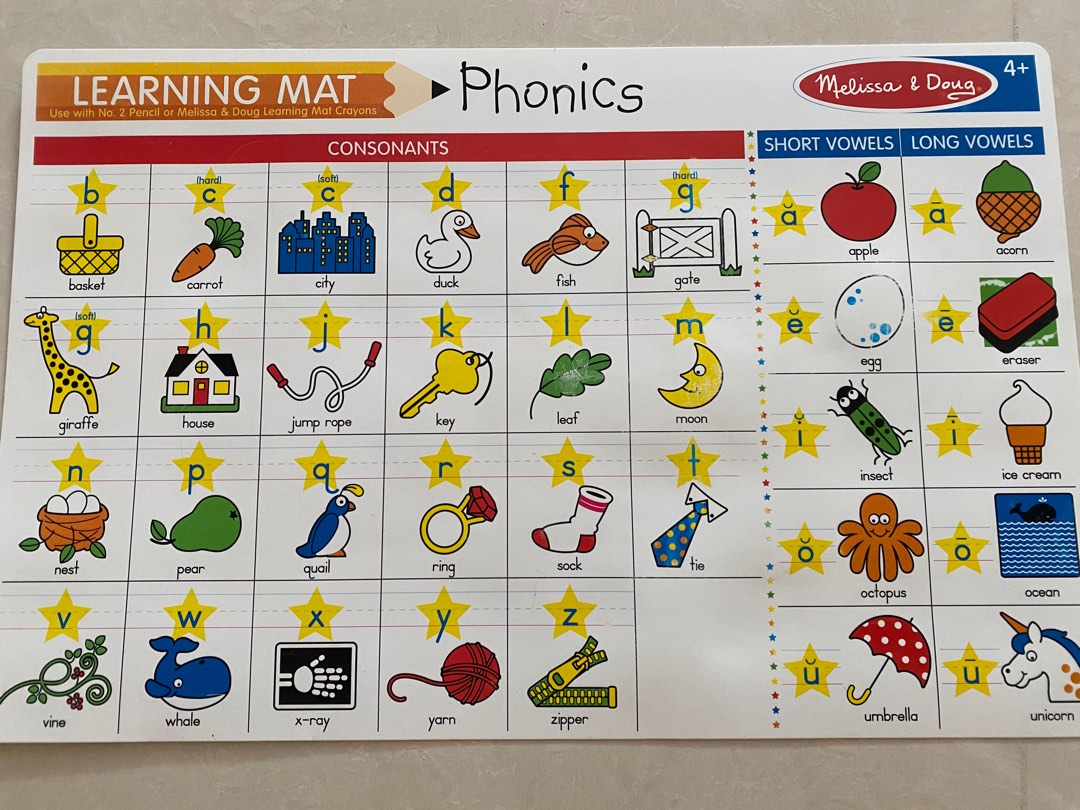 Phonics learning mat and crayons, Hobbies & Toys, Toys & Games on Carousell