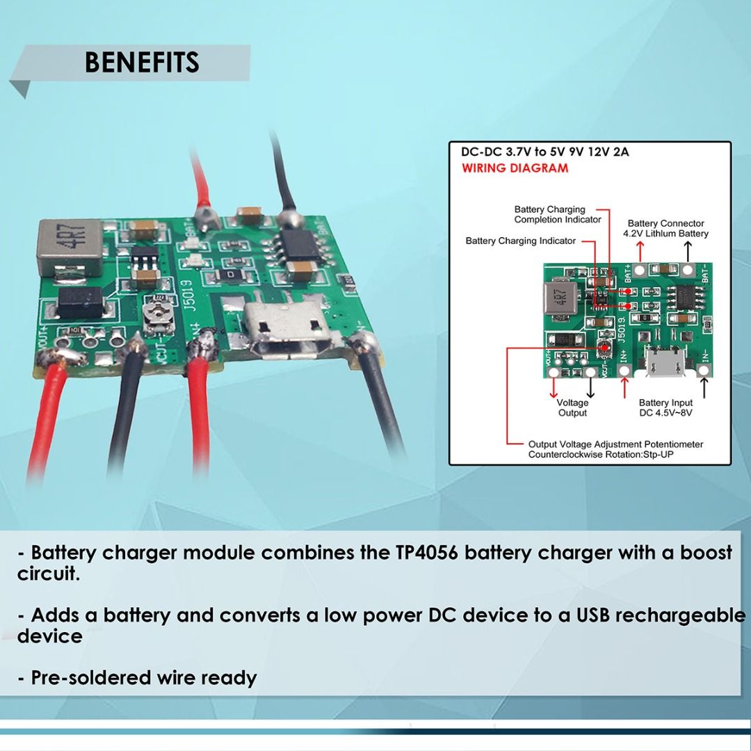TP4056 3.7V 4.2V 9V 5V 2A w/ WIRE ADJUSTABLE DC-DC STEP UP BOOST MODULE ...