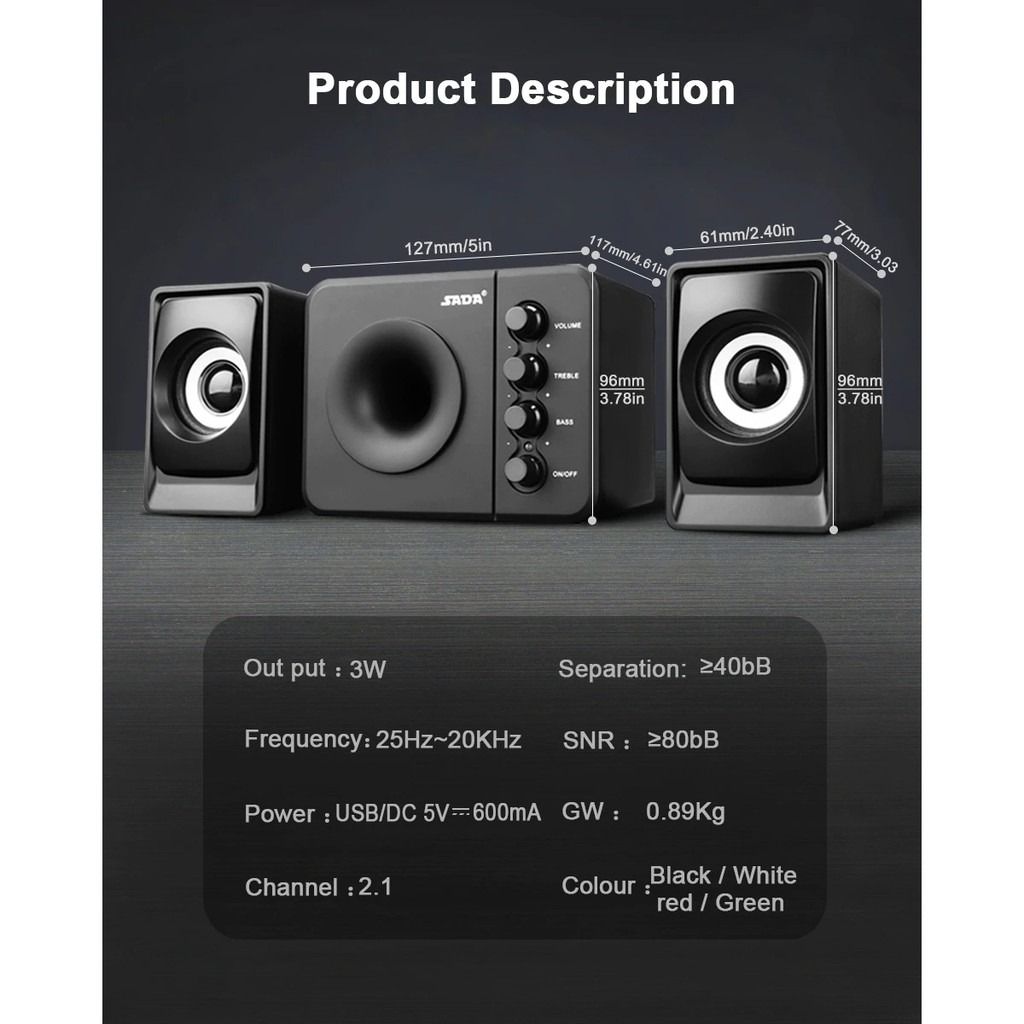 SADA D-205 Newest Full Range 3D Stereo Subwoofer 100% Bass PC Speaker ...