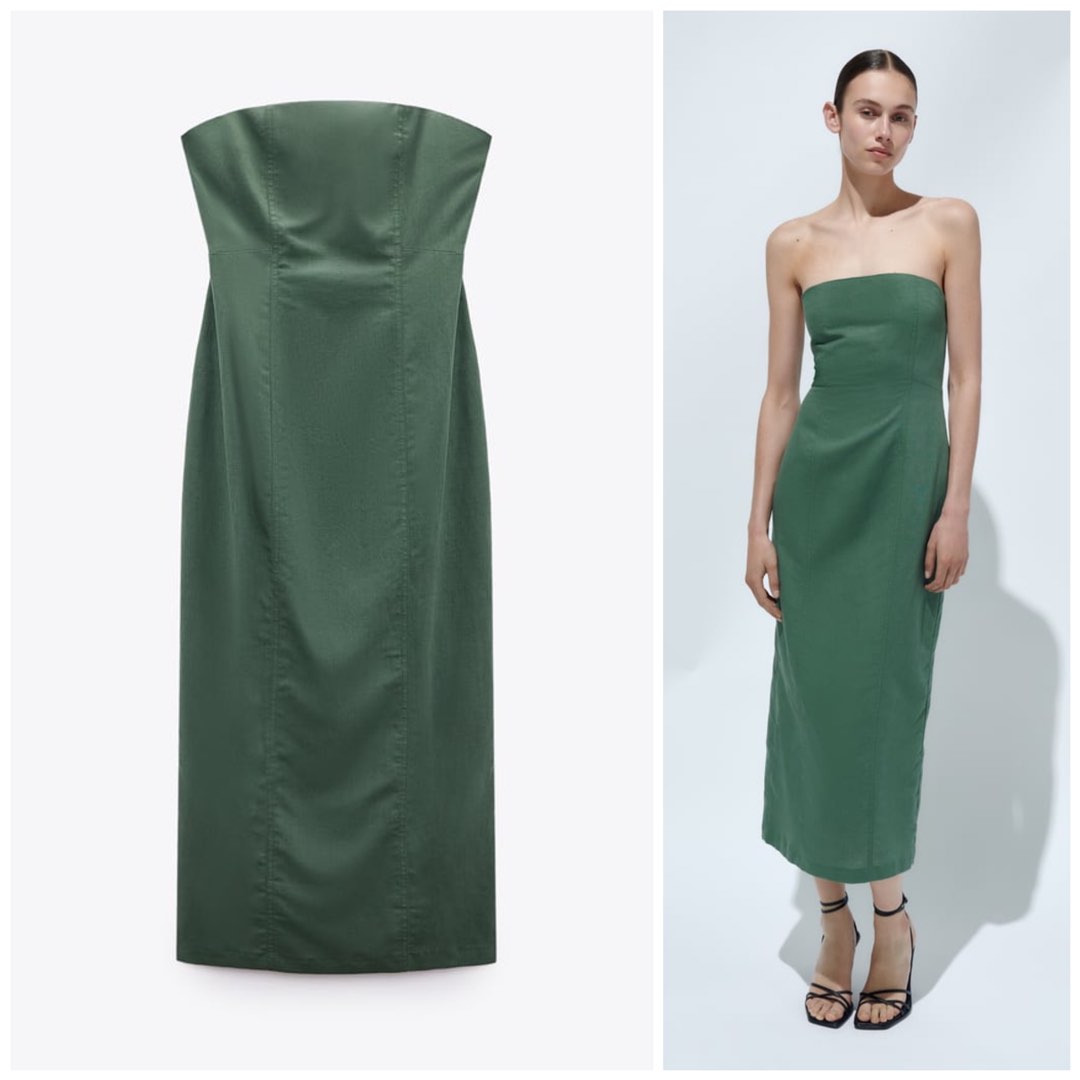 Zara LINEN-BLEND STRAPLESS DRESS - Green on Carousell