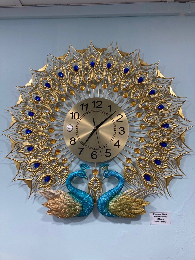 Beautiful Gold Peacock Clock. 26” (76cm) Diameter accented with Blue ...