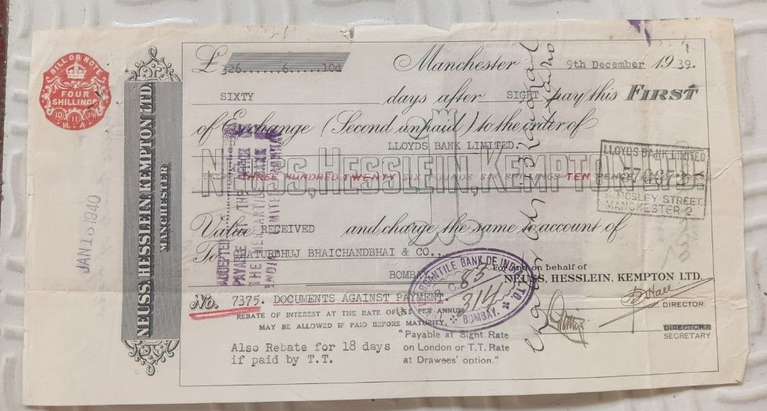BILLOR NOTE 1939 - BANK DRAFT to IMPERIAL BANK OF INDIA from Manchester ...