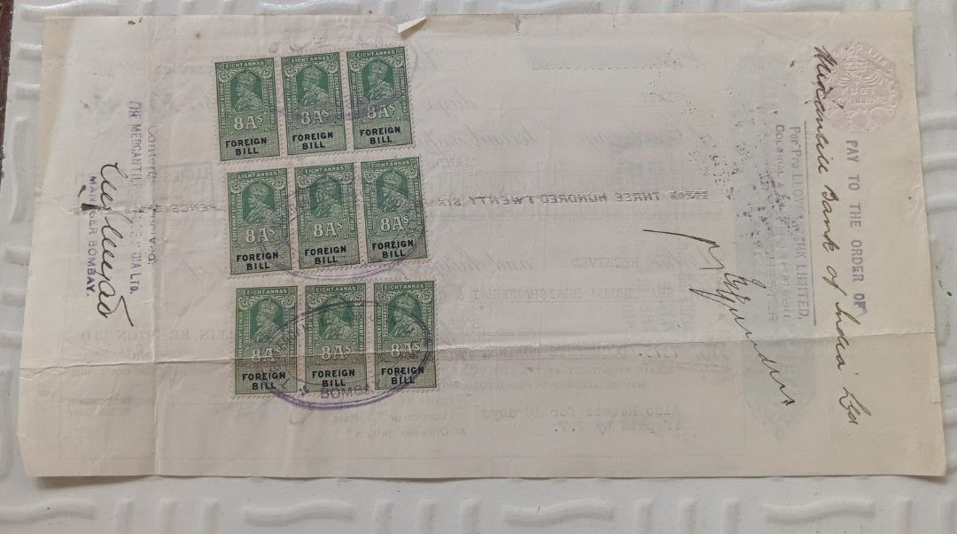 BILLOR NOTE 1939 - BANK DRAFT to IMPERIAL BANK OF INDIA from Manchester ...