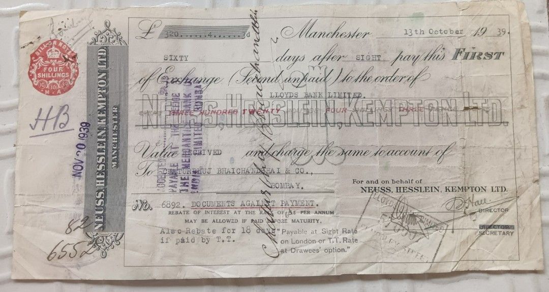 BILLOR NOTE 1939 - BANK DRAFT to IMPERIAL BANK OF INDIA from Manchester ...