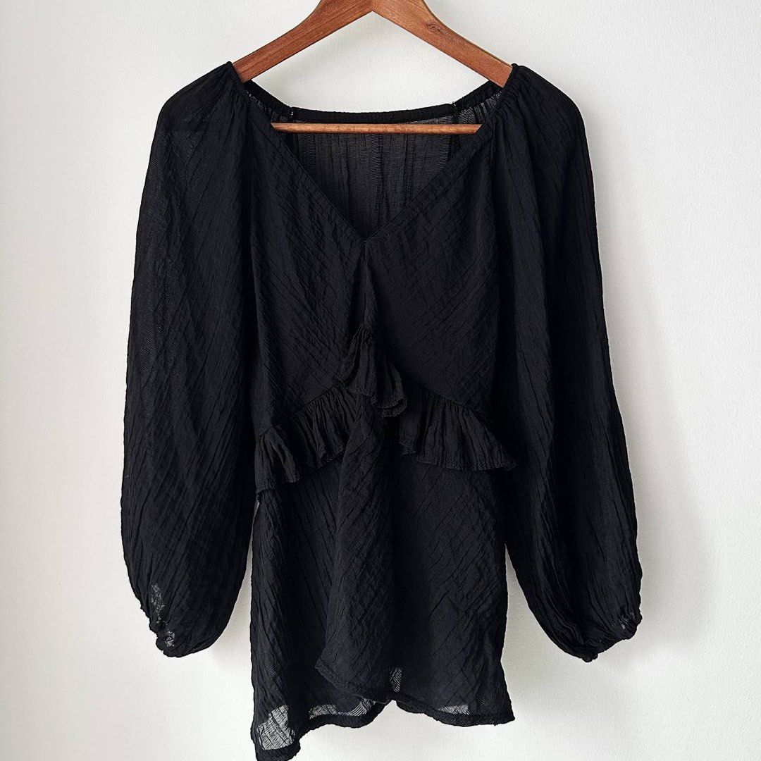 Black Crinkle Sheer Ruffle Top, Women's Fashion, Tops, Longsleeves on ...