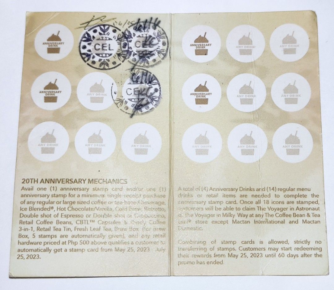 Coffee Bean & Tea Leaf (CBTL) Stamp Card | Voyager Series on Carousell
