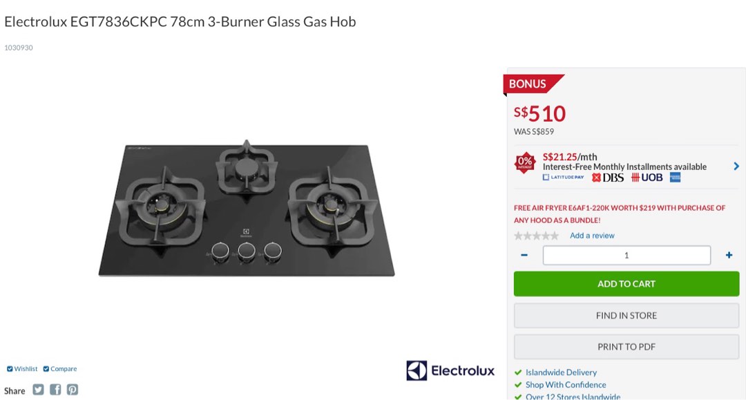 Electrolux EGT7836CKPC 78cm 3-Burner Glass Gas Hob, TV & Home ...