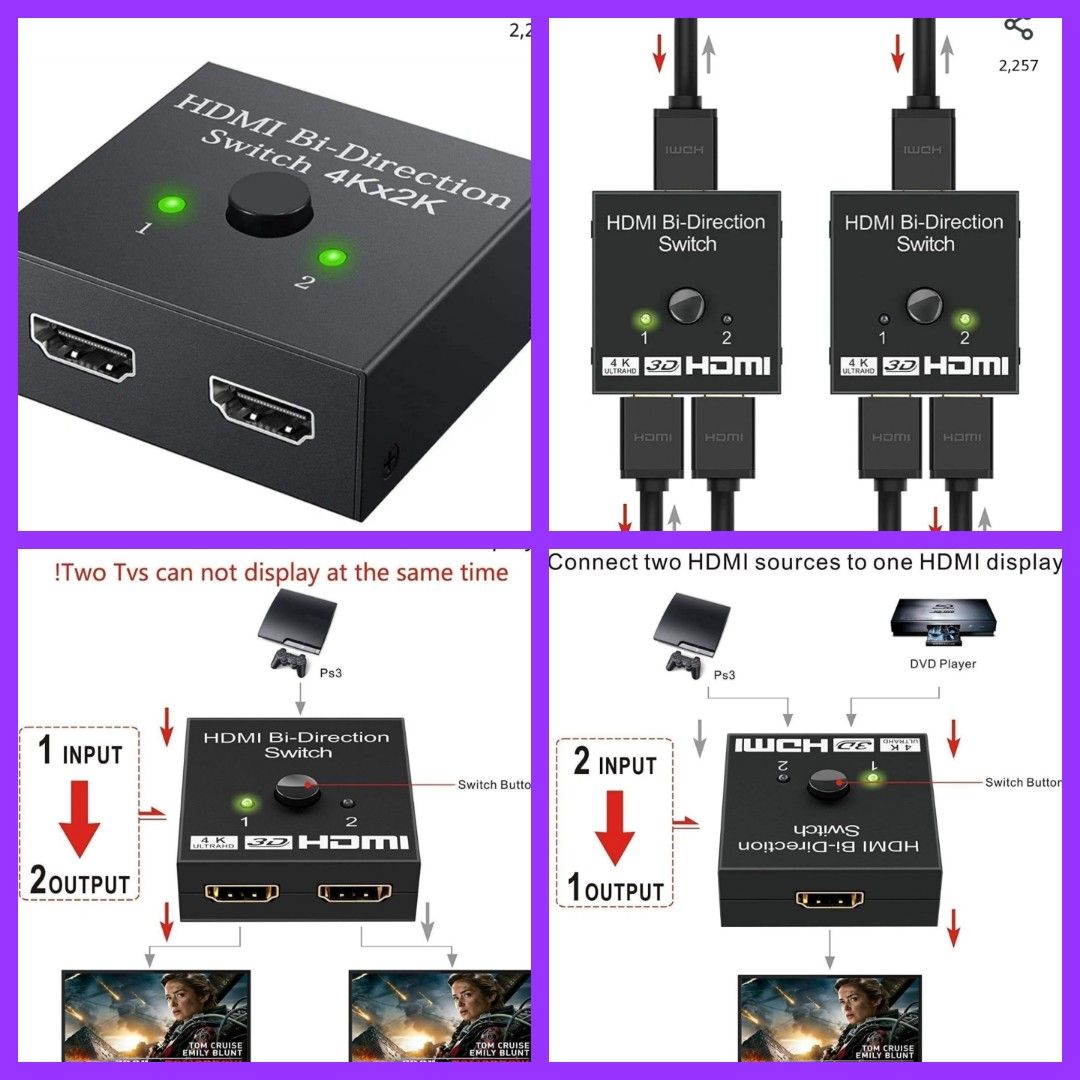 Farraige®HDMI Switch Splitter, 2 Port Bi-Directional Manual HDMI Switch ...