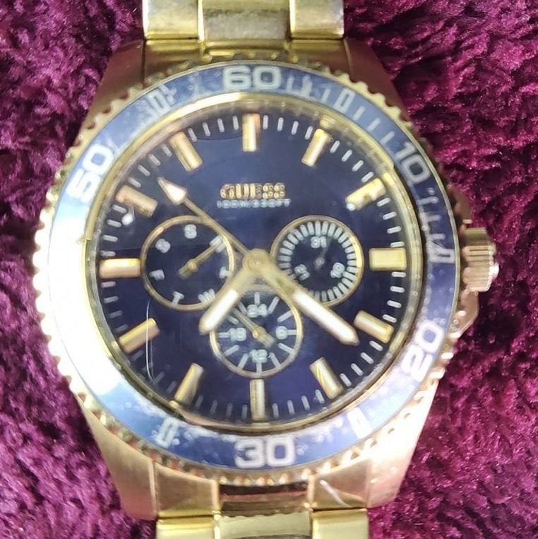 Guess Men's Watch Black Dial Blue Bezel Gold Case Stainless Steel ...