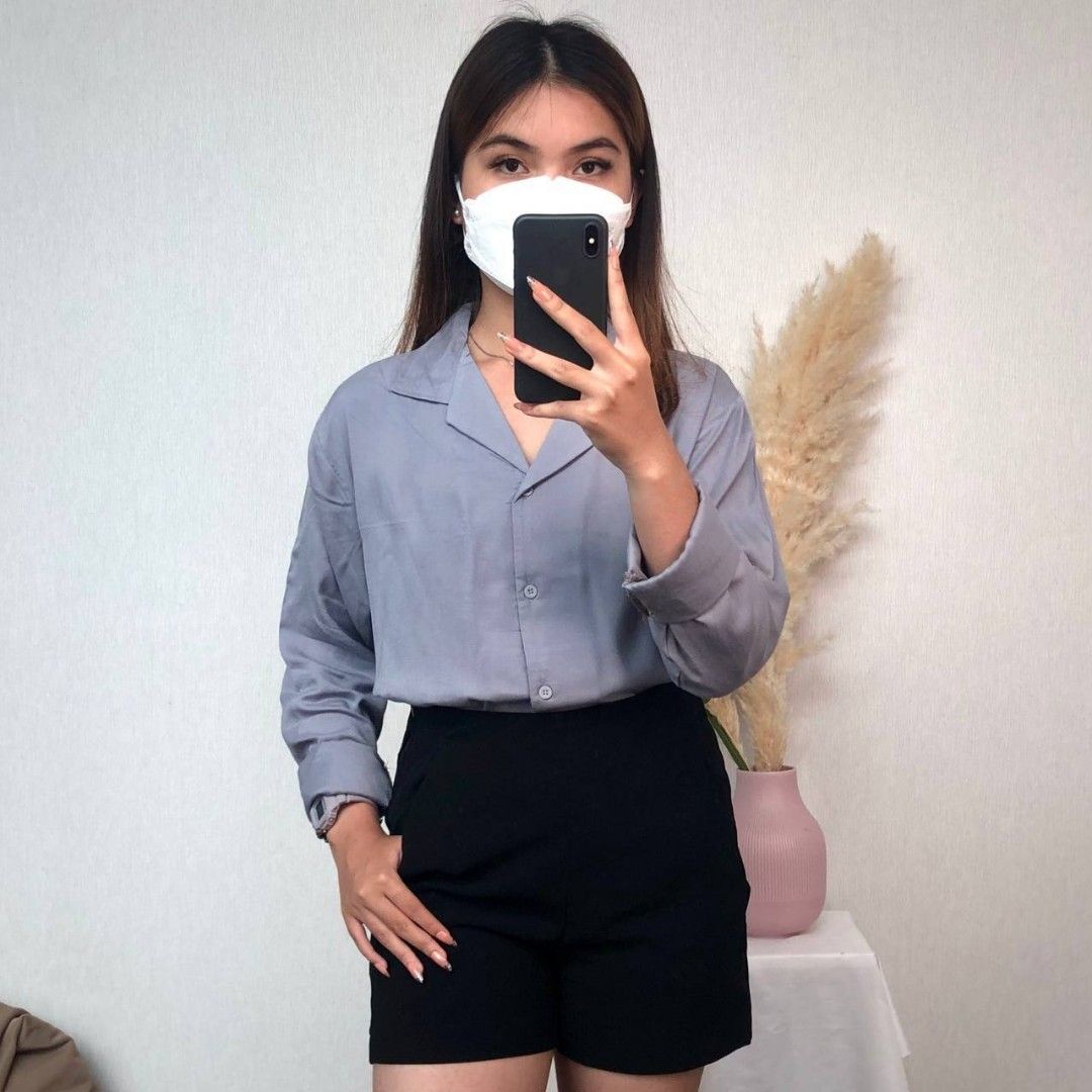 Kemeja Korean Sujin Basic Grey, Fesyen Wanita, Pakaian Wanita, Atasan di Carousell
