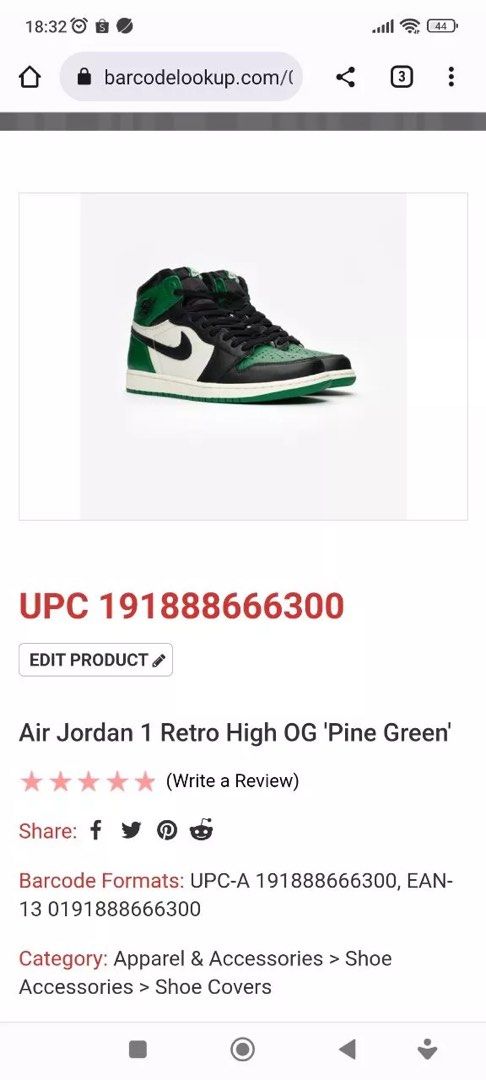 Nike Air Jordan 1 Retro High OG Pine Green UPC TEMBUS, Fesyen Pria ...