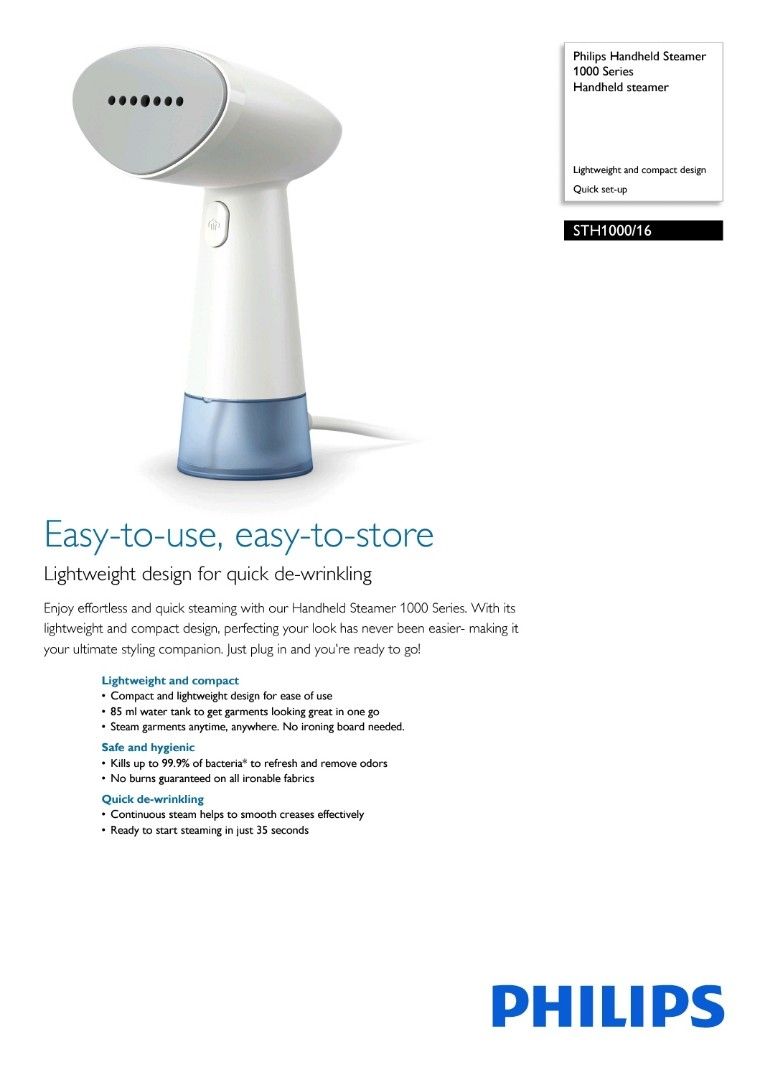 PHILIPS Handheld Steamer 1000 Series (Model: STH1000/16 / 1035064f ...