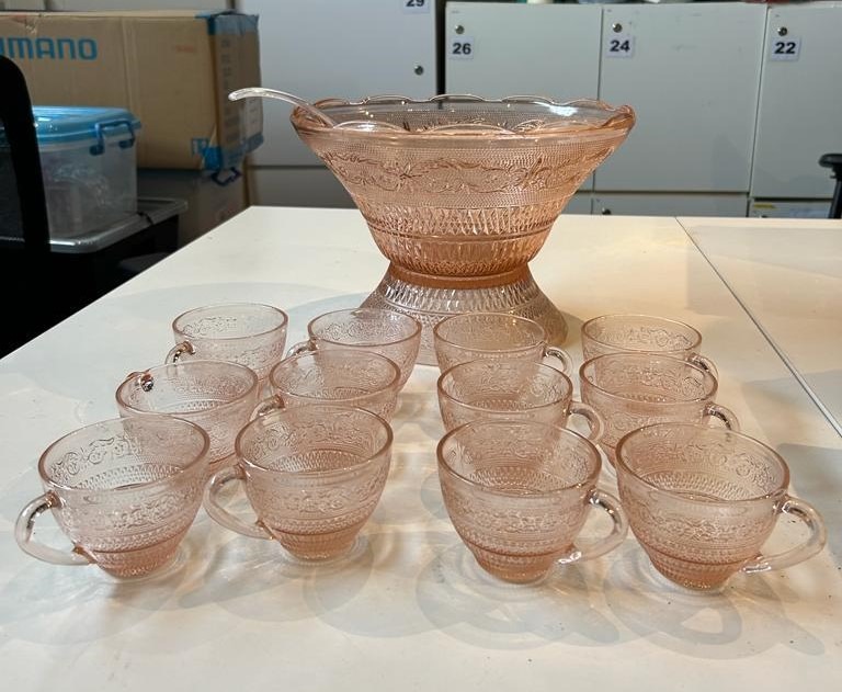 Vintage pink glass 27 piece punch bowl set, Furniture & Home Living ...