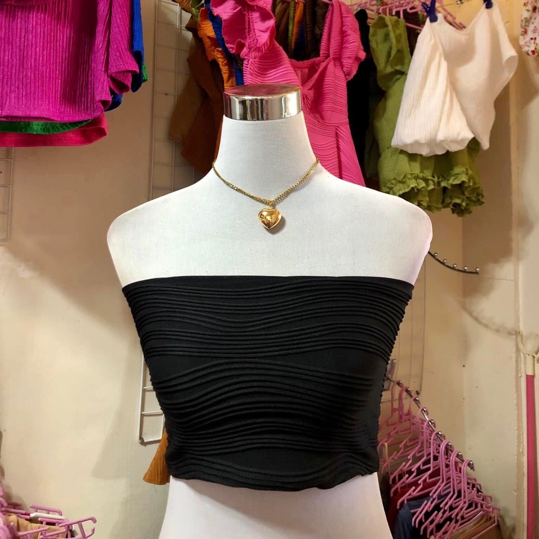 Tube Top Black Wave Embossed Tube Top Tube Cropped, Women's Fashion ...
