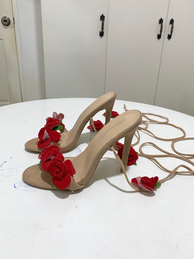 Y2k Red Rose Heels With Long Straps / Tie Up Heels on Carousell