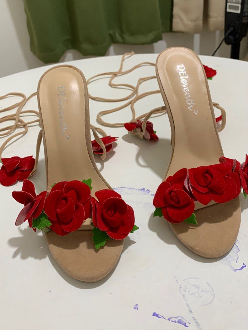 Y2k Red Rose Heels With Long Straps / Tie Up Heels on Carousell
