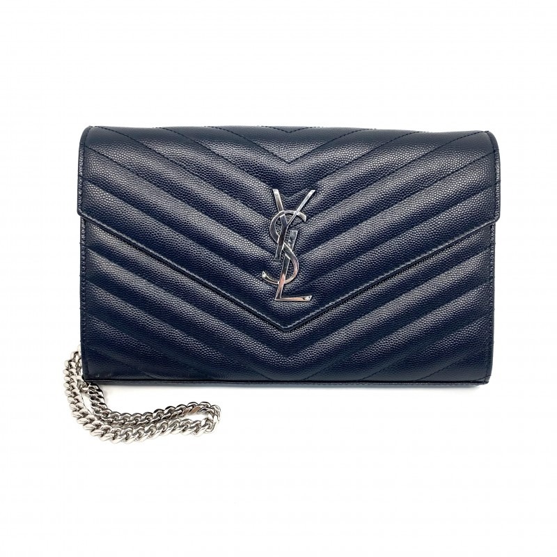 YSL Medium Envelop Grained Lether Calfskin Navy and Silver Hardware ...