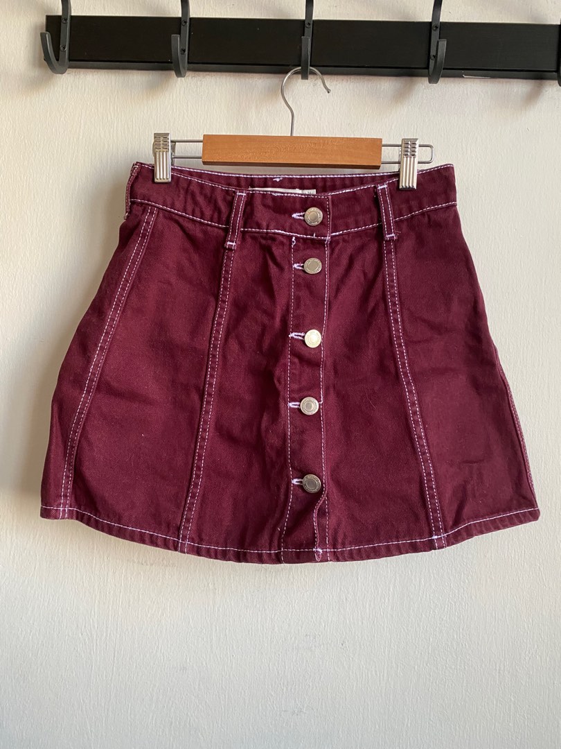 Bershka Denim Maroon Skirt, Women's Fashion, Bottoms, Skirts on Carousell