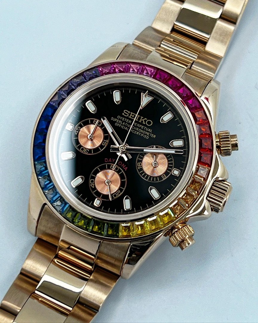 Custom Seiko Mod Rose Gold Rainbow Daytona 39mm, Men's Fashion, Watches ...