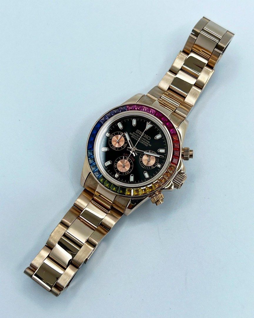 Custom Seiko Mod Rose Gold Rainbow Daytona 39mm, Men's Fashion, Watches ...
