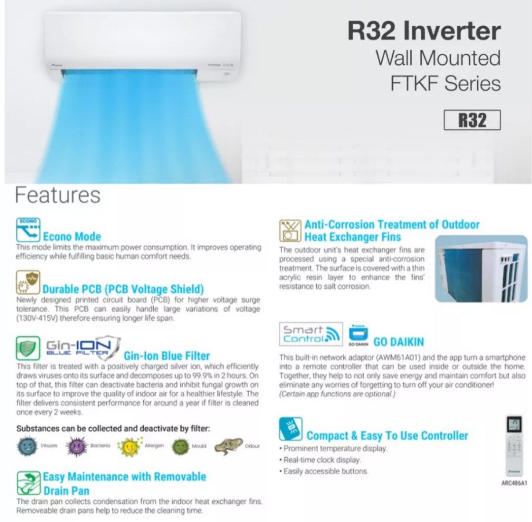 Daikin New R32 Inverter WiFi Air Conditioner Penyaman Udara 1.5HP, TV ...