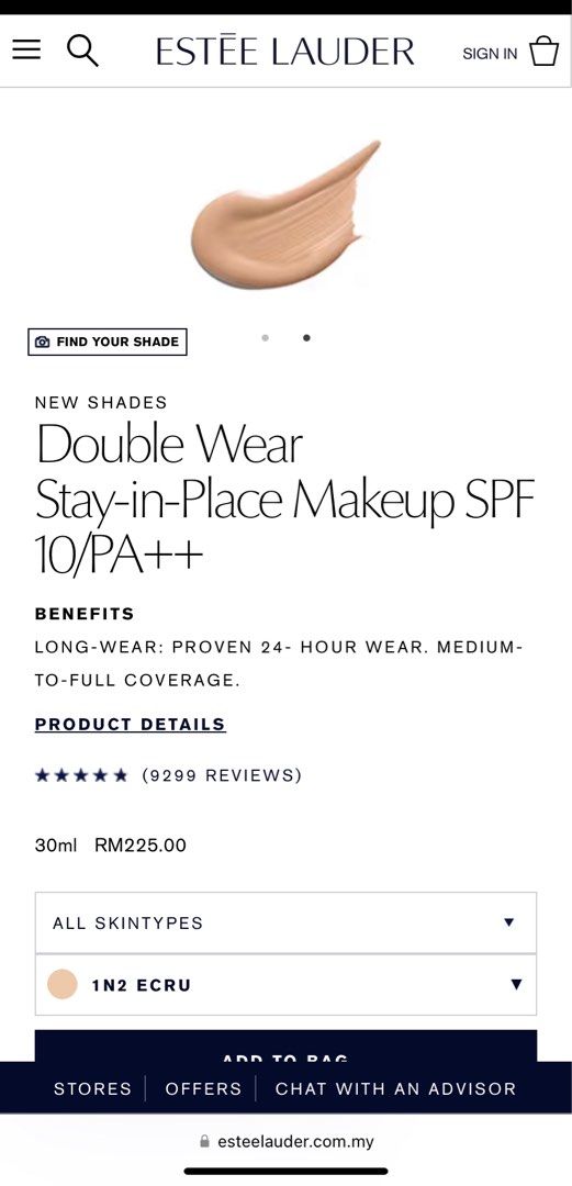 Estee Lauder Double Wear Stay-in-Place Makeup SPF 10/PA++ 30ml (Shade: 1N2 Ecru), Beauty ...